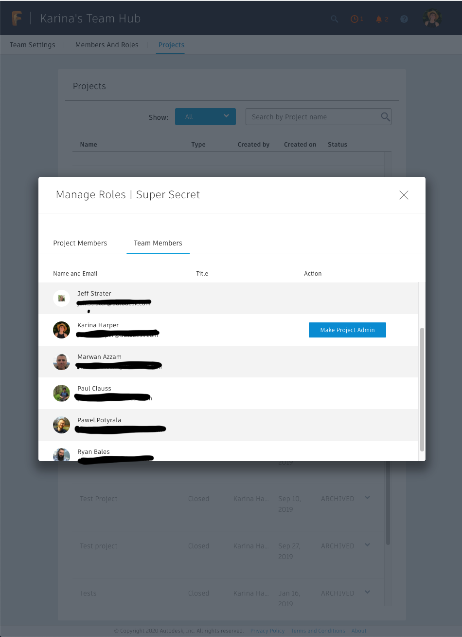 "Solicitar acesso"""" ao abrir um projeto no Fusion Team Hub como Proprietário e Administrador