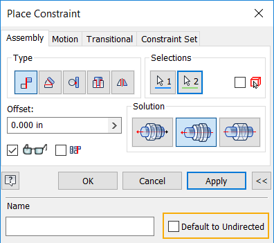 Is it possible to set default solution for mate constraint between 2 axis in Inventor?
