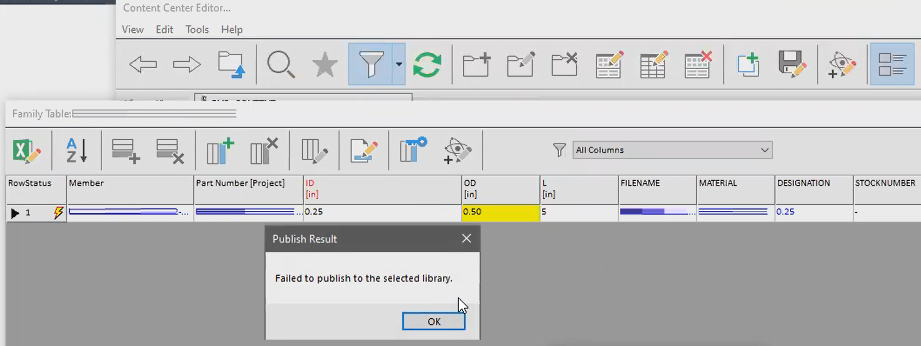 "Failed to publish to selected library." when editing tube and pipe family table of a remote ...