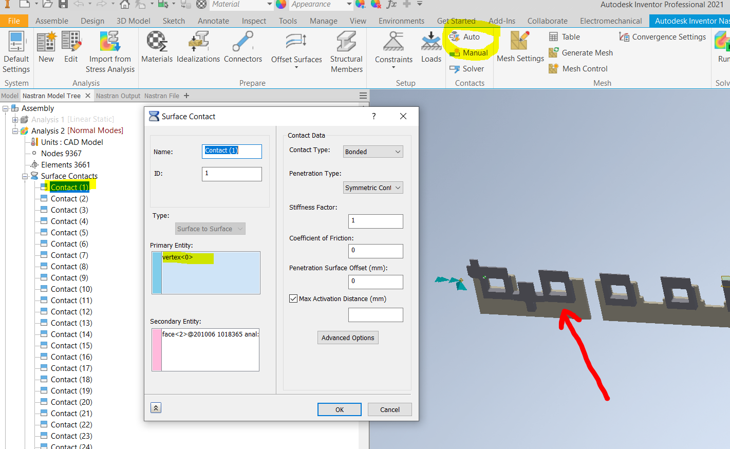 Incorrect Auto contacts generated for model in Inventor Nastran