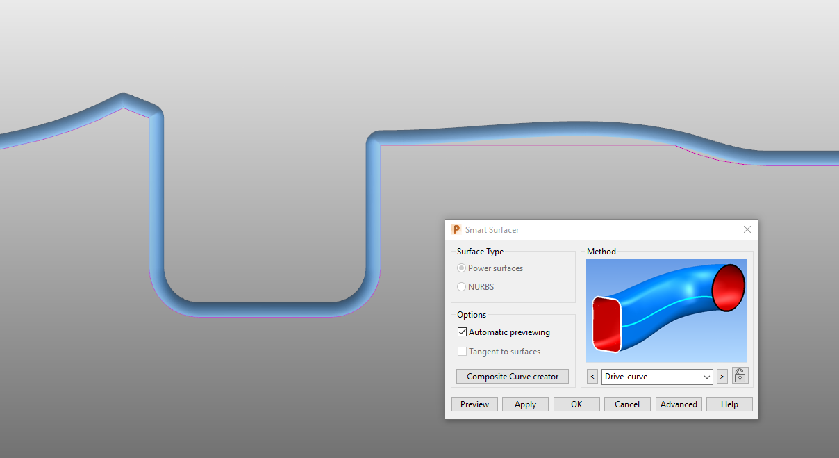Smart surfacer drive curve cross section not following drive curve contour in Powershape.