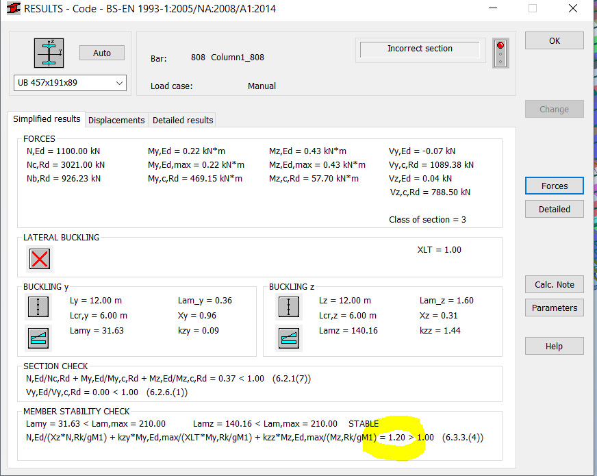 Unexpectedly high efficiency ratio while steel member stability check according to EC3 in Robot ...