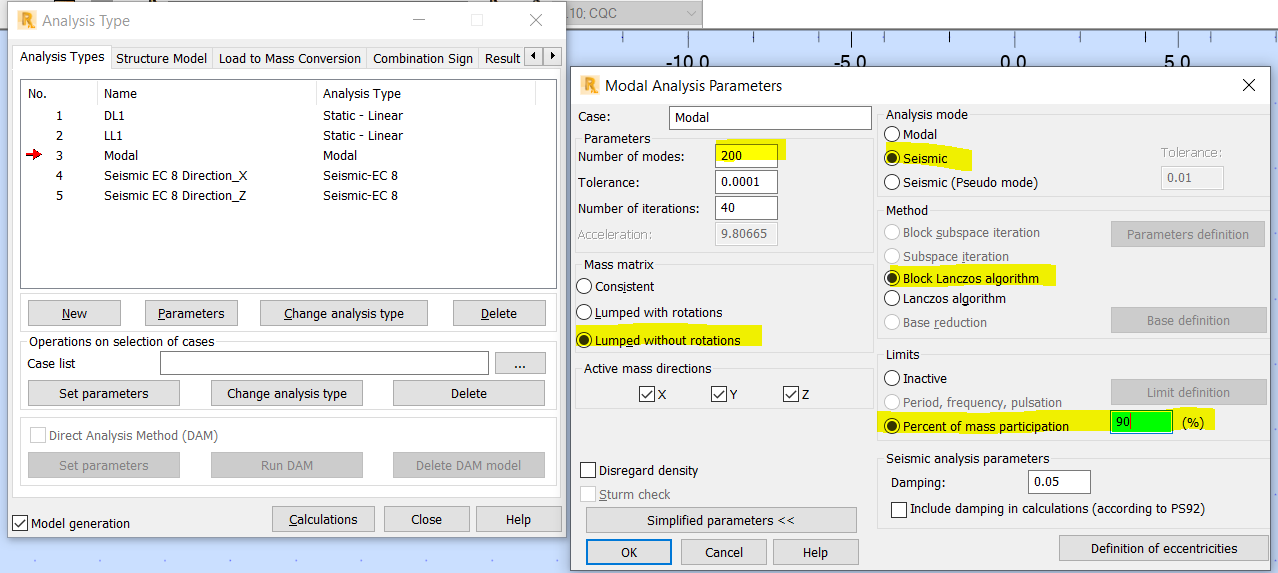 Recommended modal analysis settings for seismic load cases in Robot Structural Analysis
