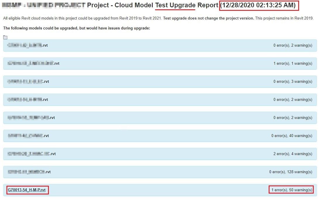 Revit 云模型测试升级报告显示 BIM 360 中的升级报告之间存在不一致