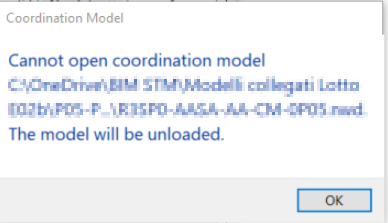 “无法打开协调模型...模型将被卸载“。 尝试在 Revit 模型中链接 NWD 时
