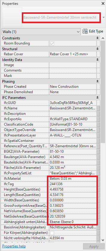 The same wall type being exported to IFC does not have all the parameters