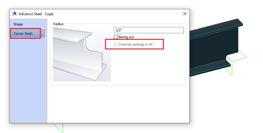 NC / DXF file does not use the cope radius from the model in Advance Steel