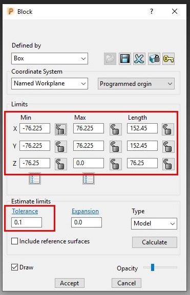 The limits in the block properties are not equal to the maximum dimensions of the model in ...