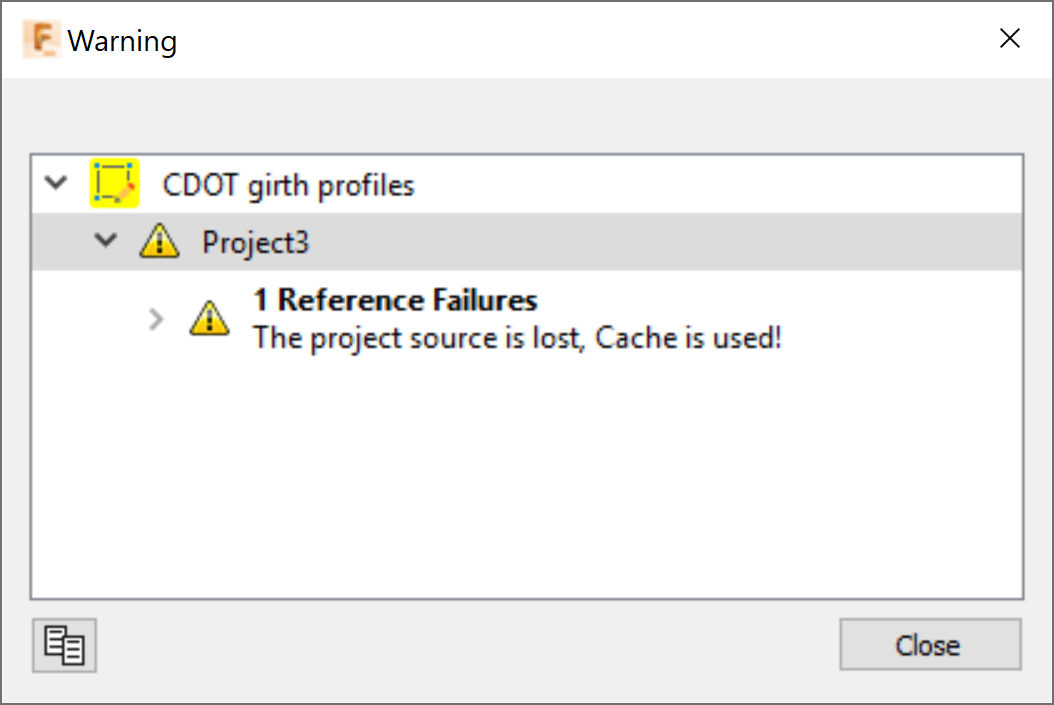 "Reference failures [...] The project source is lost" warning on a sketch in Fusion