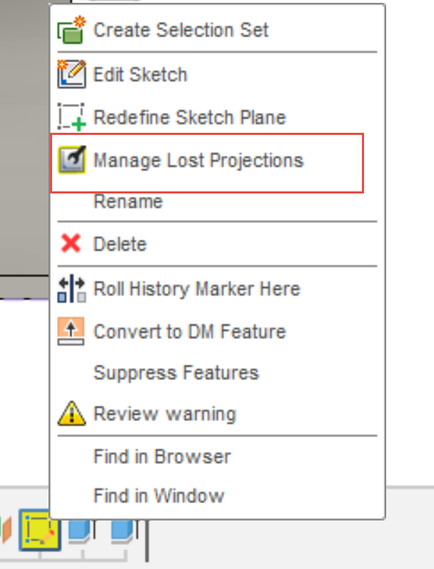 "Reference failures [...] The project source is lost" warning on a sketch in Fusion