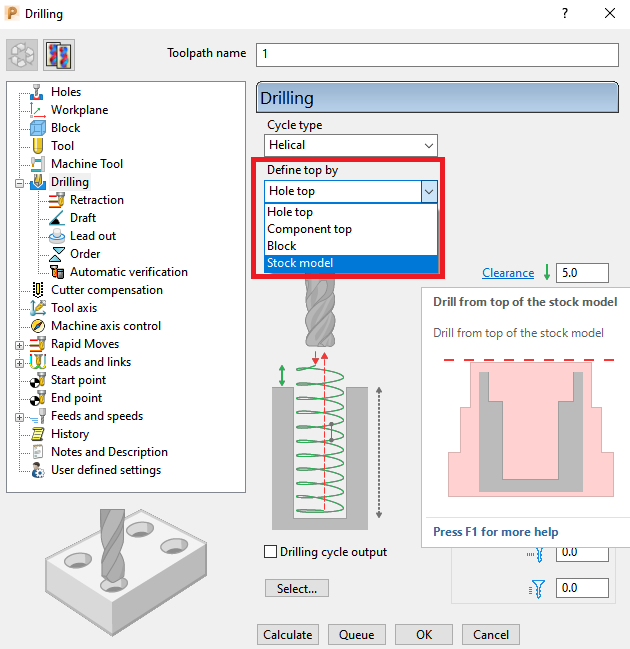 "Define top by" stock model splits the helical drilling cycles for each hole in PowerMill NC output