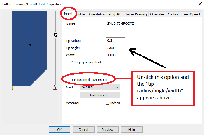 Groove tool with "use custom drawn insert" only cuts one side of the groove in FeatureCAM