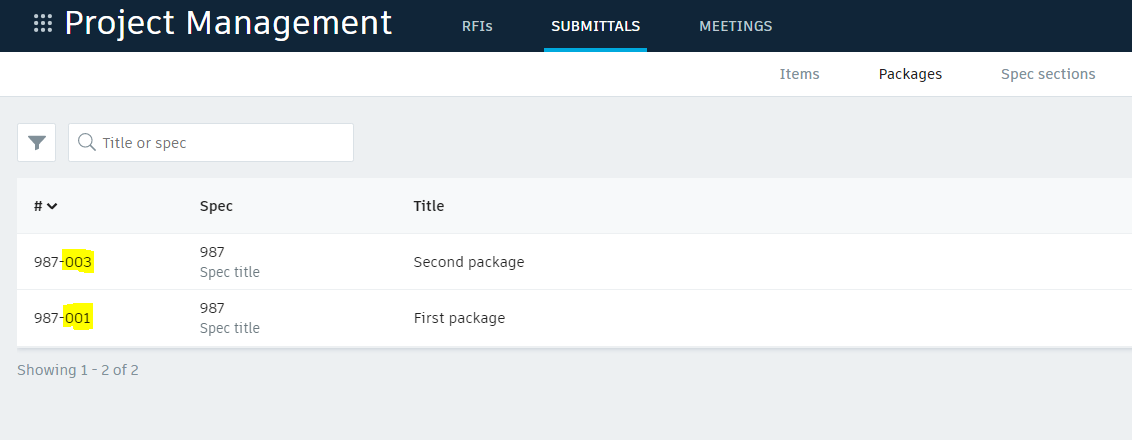 Submittal package numbering is non-sequential in BIM 360 Project Management