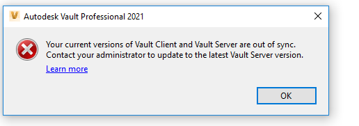 Vault Clientを開くと、「現在のバージョンのVault ClientとVault Serverが同期されていません...」というメッセージが表示されます