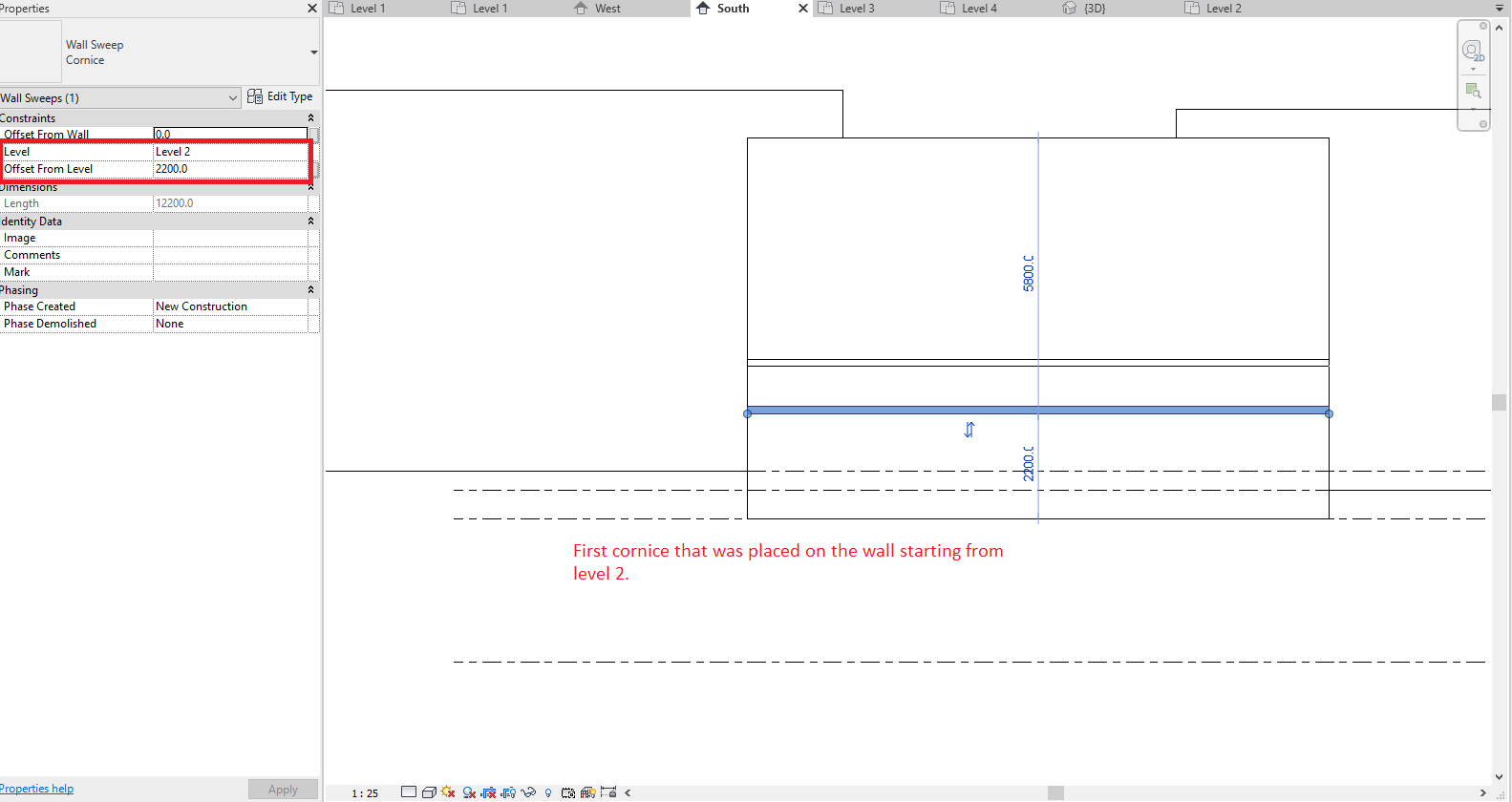 Copying wall sweep from the elevation view places the copy to a ...