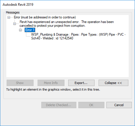 "Revit has experienced an unexpected error. The operation has been ...