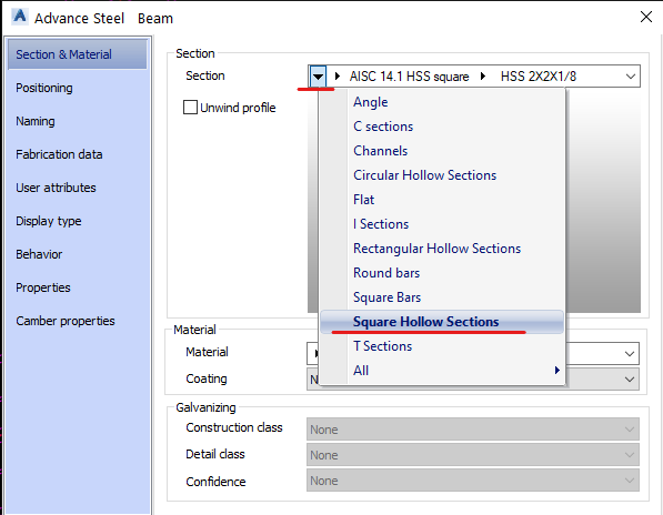 Adding a new group class for beam sections in Advance Steel