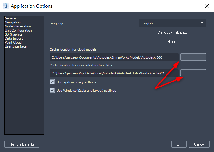 Can't change cache location for cloud models folder in Infraworks