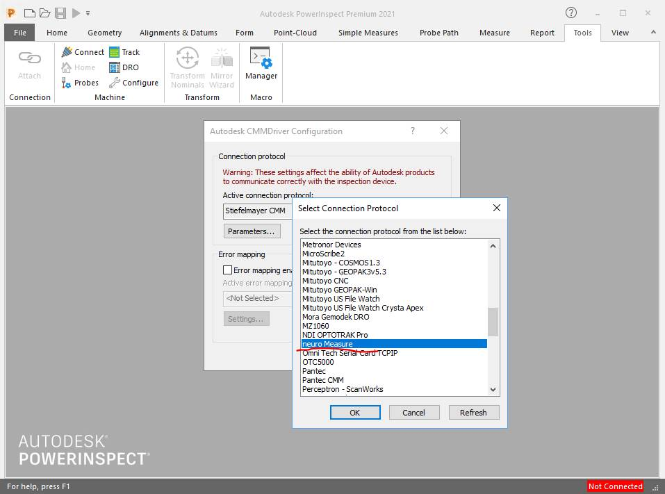 新安装的 PowerInspect 中缺少“neuro measure”连接协议