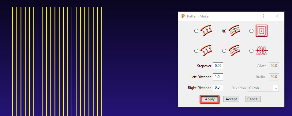 What is Pattern Maker stepover and distance in PowerMill.