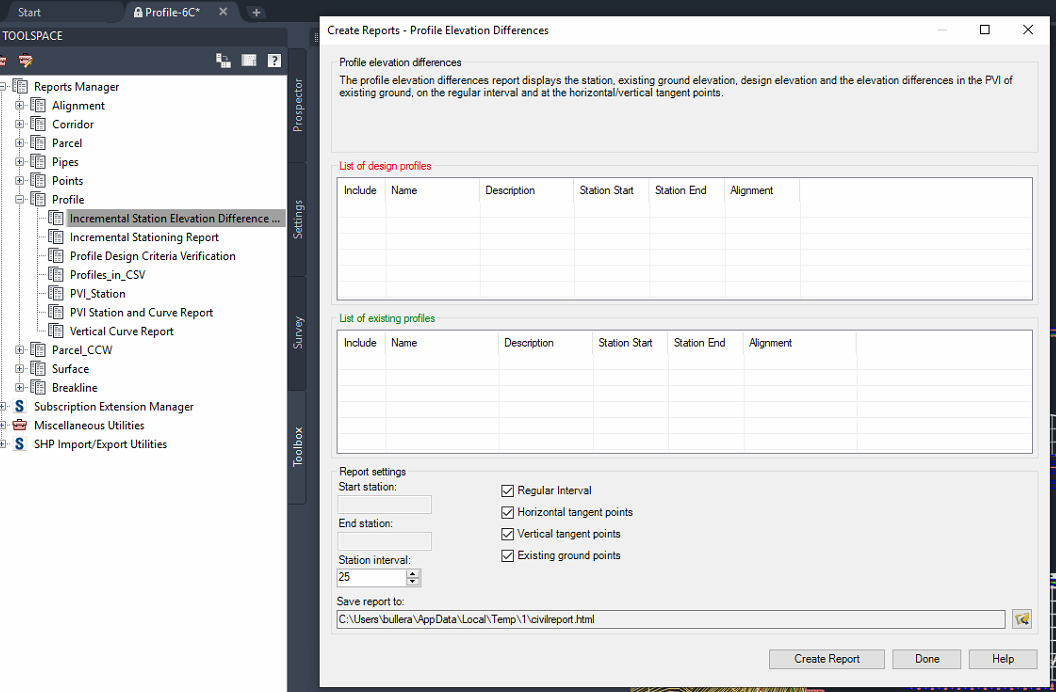 The Incremental Station Elevation Difference Report is blank in Civil 3D