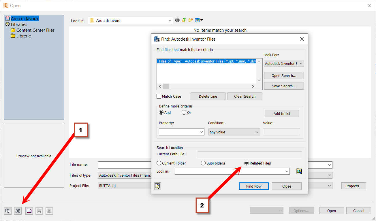 Find related files from the Inventor open dialog doesn't work properly