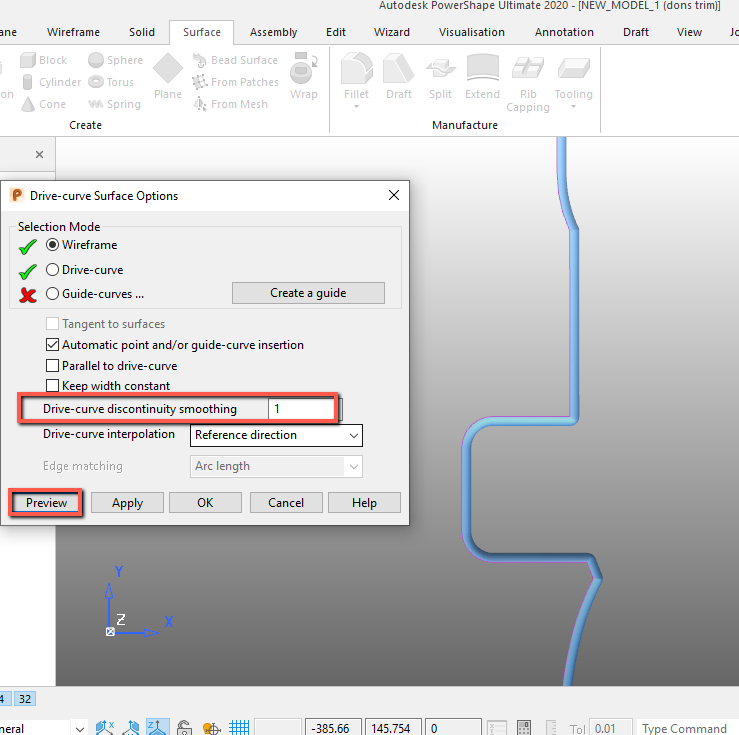 Smart surfacer "drive Curve" surface deforms when driven around spine curve in Powershape 2021.