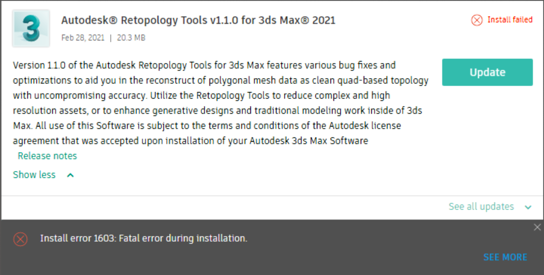 Retopology Tools 1.1 installation fails with Install Error 1603 in 3ds Max 2021