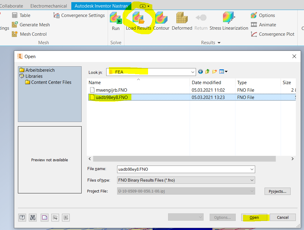 How to reload results for calculated model in Inventor Nastran