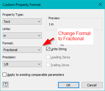 Exported parameters show the inch symbol " instead of "in" in Inventor custom iProperties