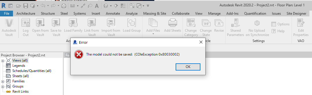 "Exception: The model could not be saved: (COleException 0x80030002 ...