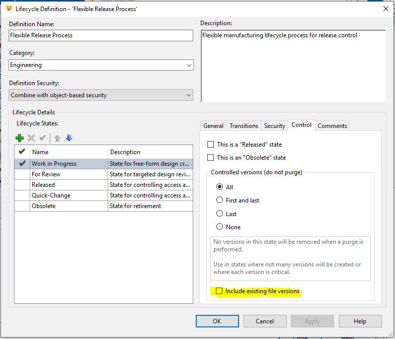 'Include existing file versions' option in lifecycle state 'Control ...