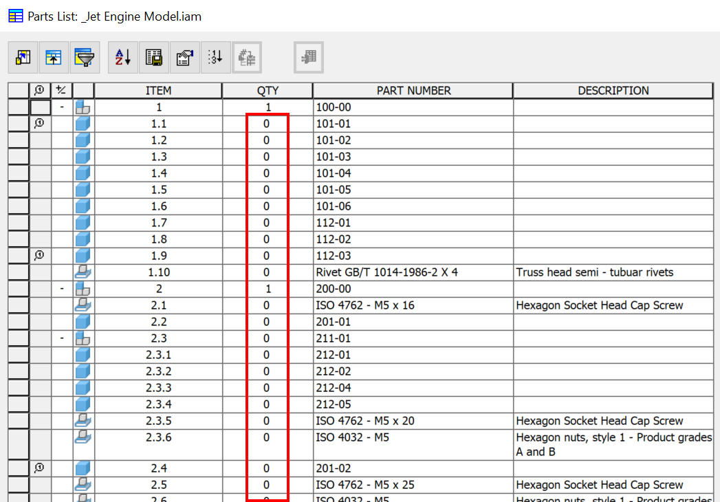 Inventor 도면의 BOM에 수량 0이 표시됩니다.