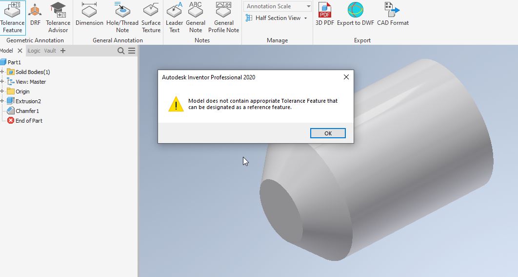 "Model does not contain appropriate tolerance feature..." when using ...
