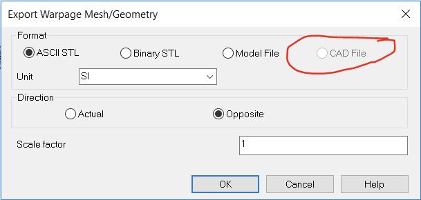 Export to warped shape in CAD file format dimmed in Moldflow