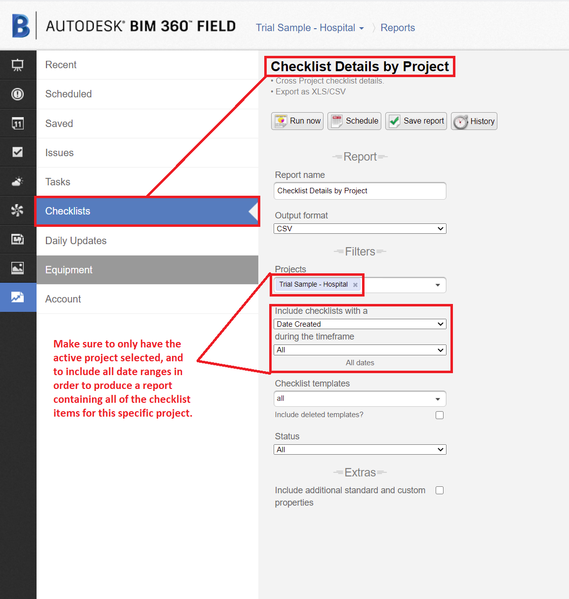 如何从 BIM 360 Field 中导出核对表网格