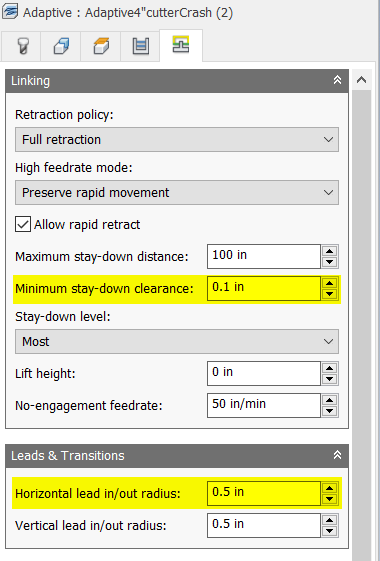 Inventor CAM adaptive toolpath retracts while tool is still engaged in ...