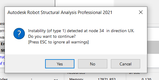 "Instability (of type 1) detected" warning while 3D-bar structure calculation in Robot ...