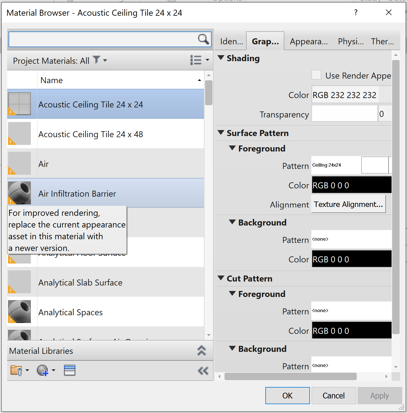 Material Browser Showing Error Mark On The Materials In Revit
