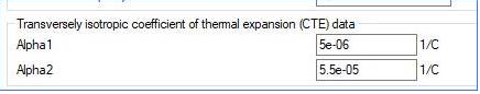 Transversely isotropic coefficient of thermal expansion (CTE) Alpha 1 and Alpha 2 values in Moldflow