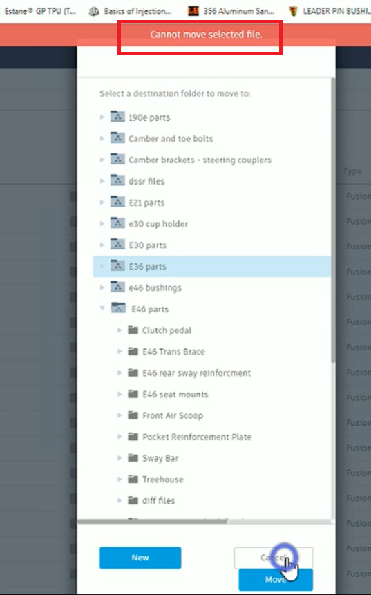 "Cannot move selected file" while reorganizing projects by moving folders in Fusion 360