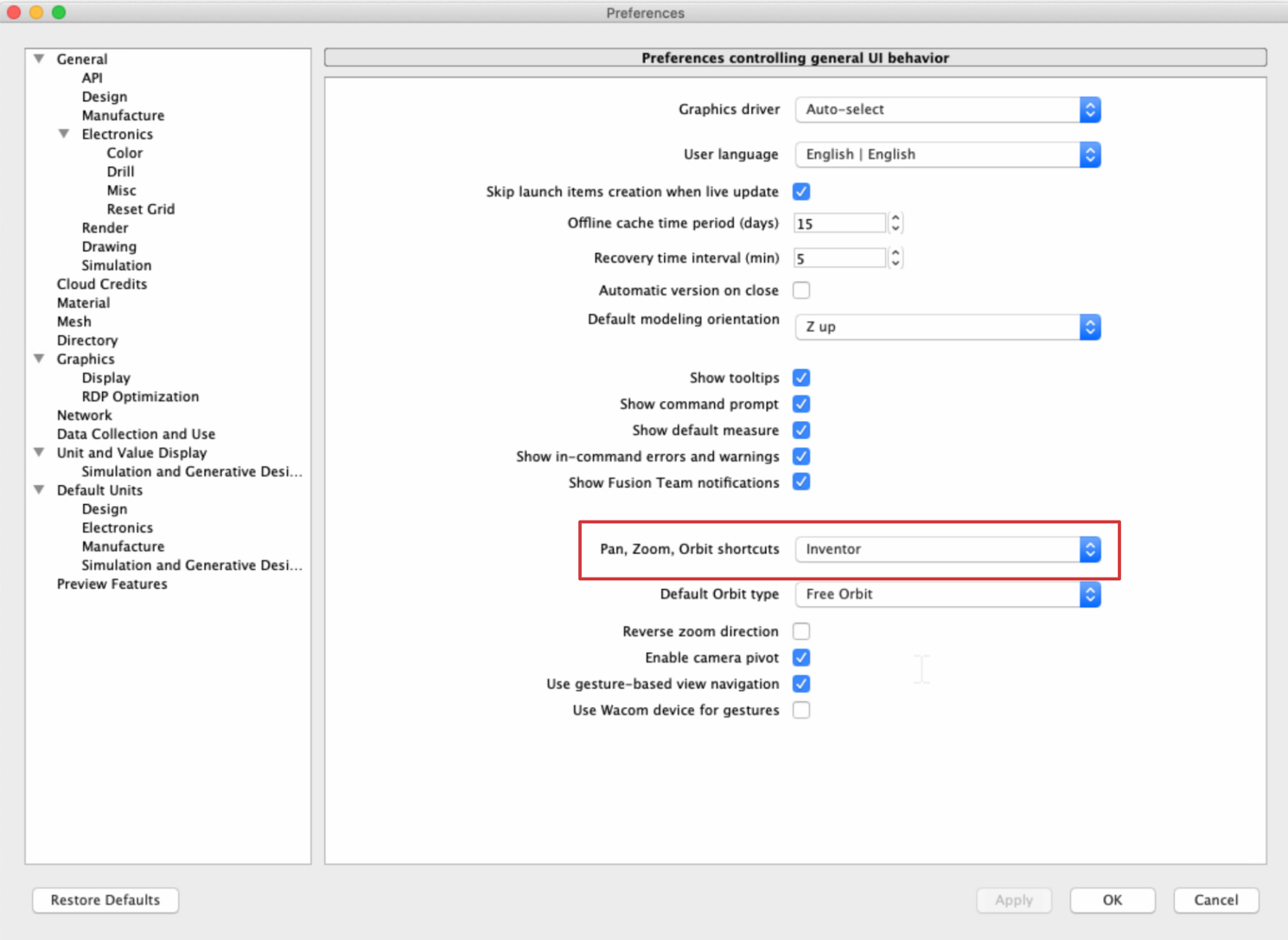 在 Mac 上，三维动态观察不工作 用于 Fusion 中三维导航的触控板