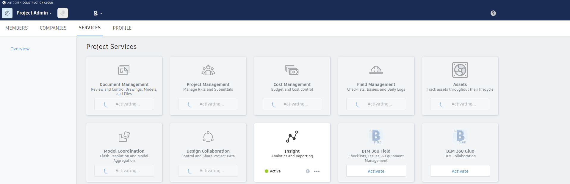 Services stuck in activating after creating a new project from a template in BIM 360