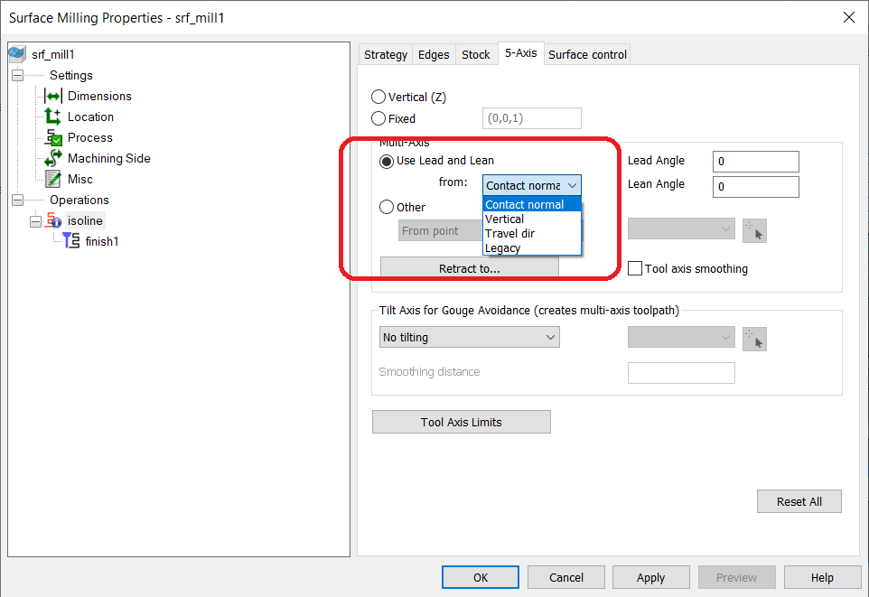 How to set tool axis normal to surface for 5 axis continuous machining in FeatureCAM