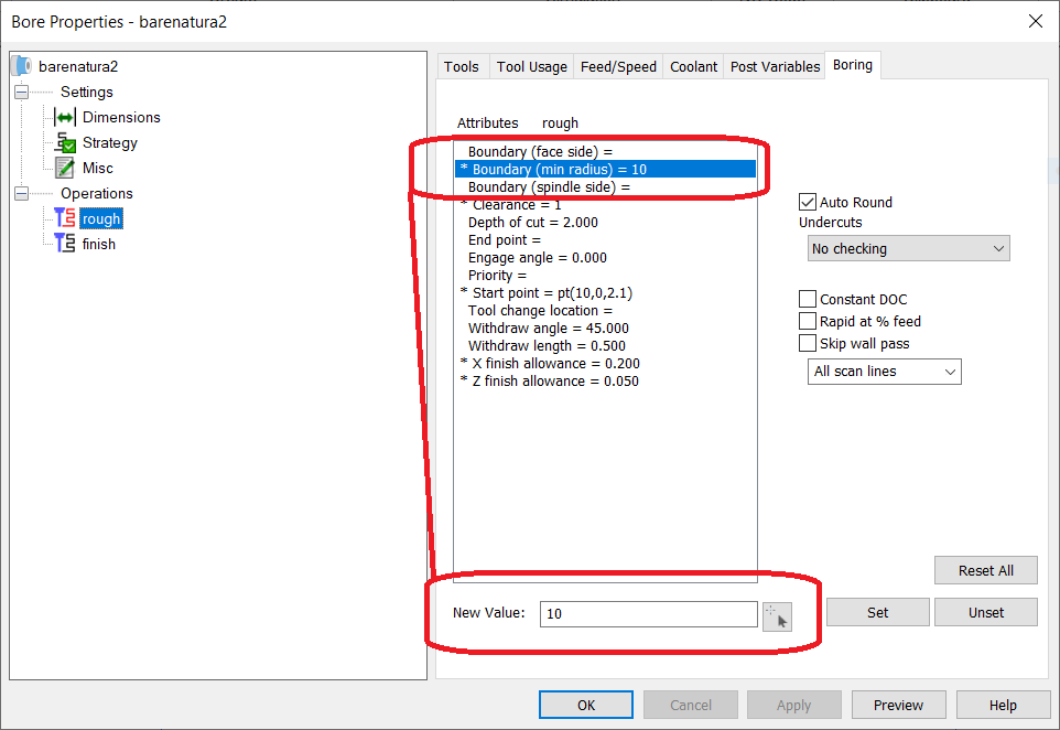 How to change the start position of a boring feature in FeatureCAM