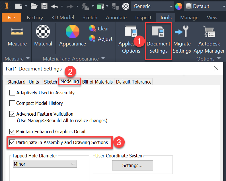 Content Center part are not always sectioned automatically in Inventor drawings