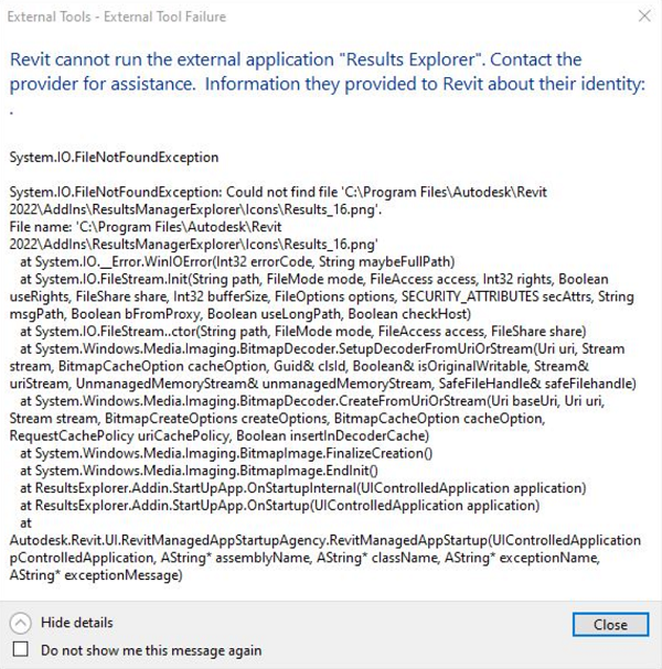 "Revit cannot run the external application Results Explorer" when launching Revit