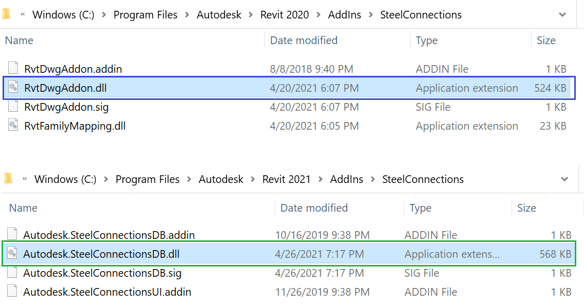 Revit 2021 和 Revit 2022 的 SteelConnections 文件夹中不再存在文件RvtDwgAddon.dll