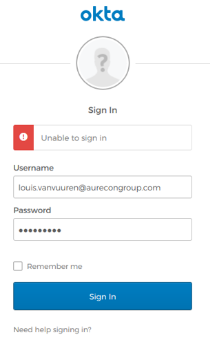 Okta error or sign in screen after logging into company login in screen.