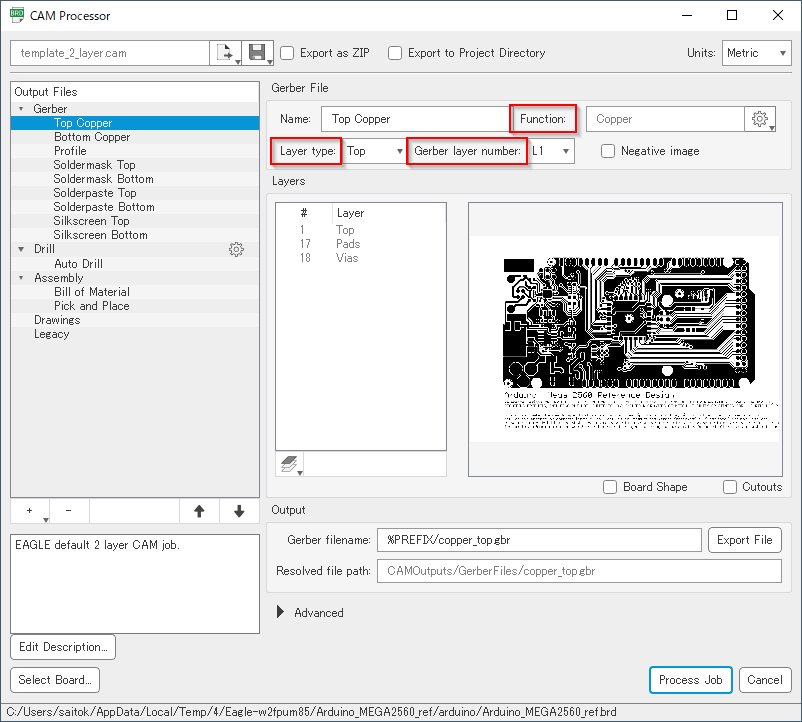 [CAM Processor]ダイアログの [Function] や [Layer type]を変更しても、同じGerberデータが出力されます